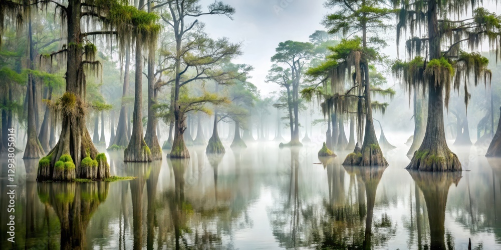Overgrown cypress trees rise from murky waters in a mysterious cursed ...