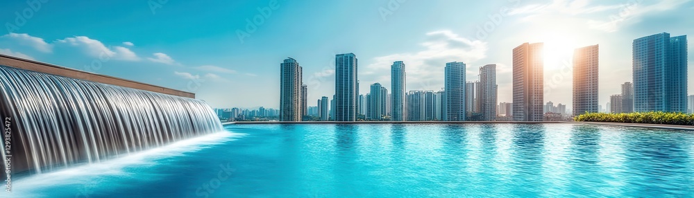 Flowing rooftop infinity pool overlooking a modern urban skyline ...