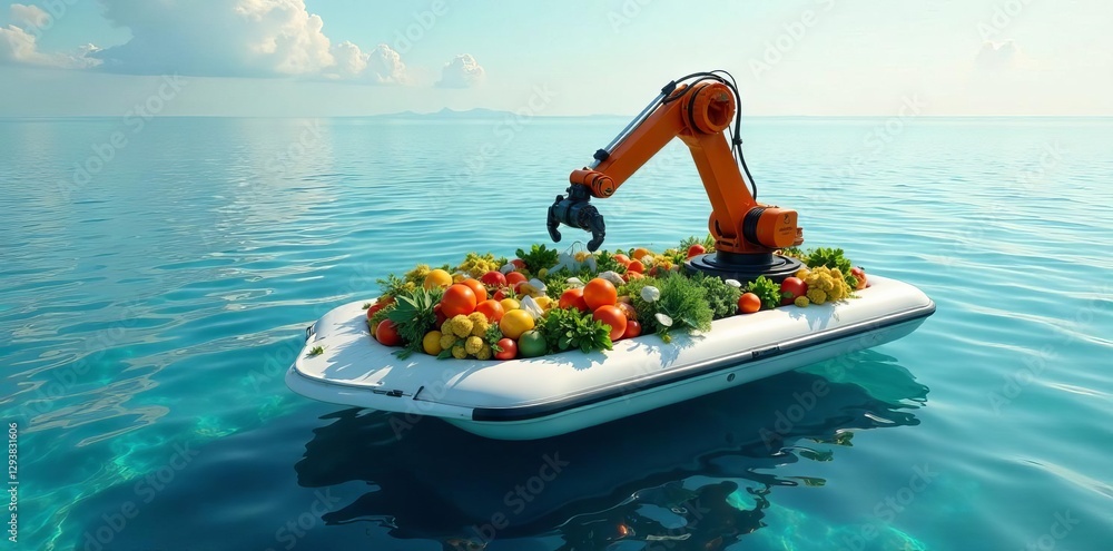 Sleek floating structure, robotic arms sort recyclables, clear water ...