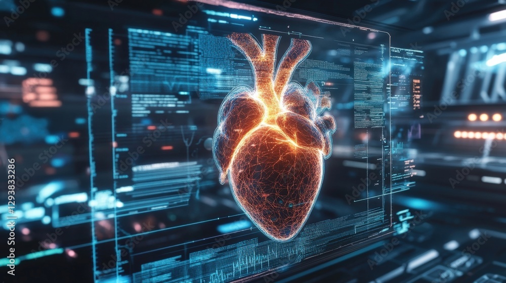 A closeup of a holographic display projecting a 3D model of a human ...