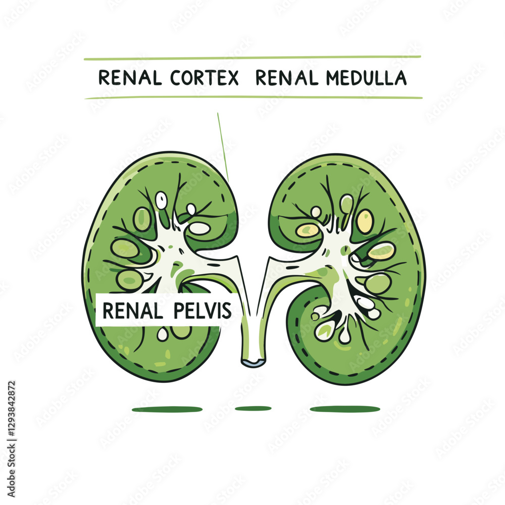 Vector illustration of human kidneys with labeled renal cortex, renal medulla, and renal pelvis ...