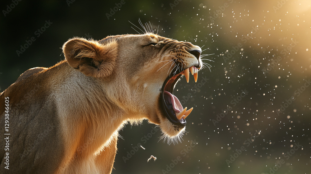 Stock-Illustration „Powerful roaring lioness in the African savanna ...
