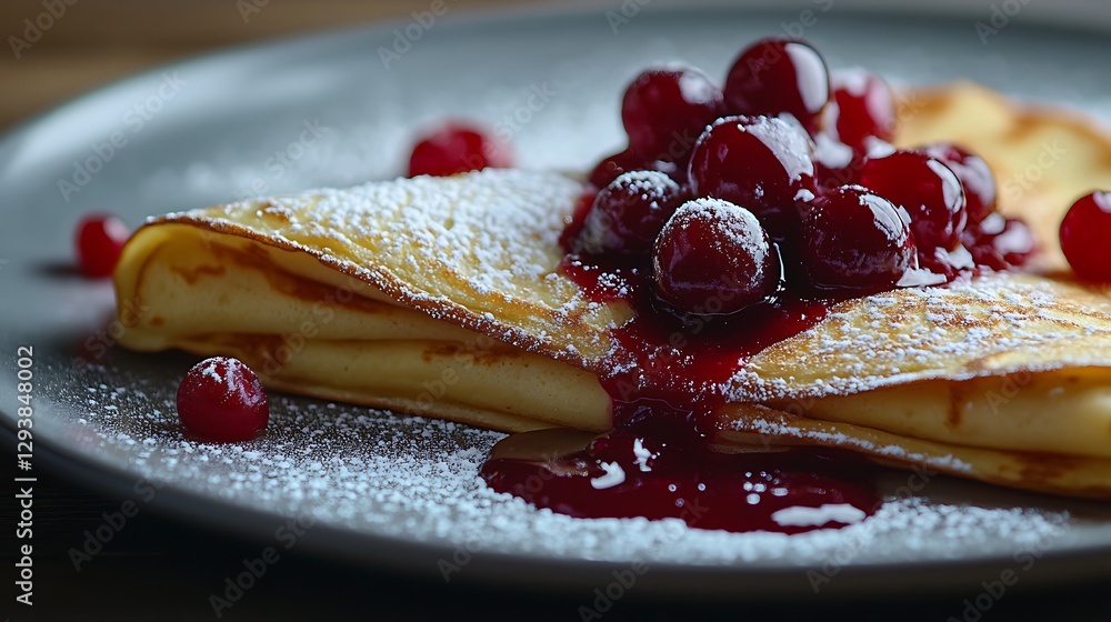 Stunning macro photography of a gourmet crepe with rich cherry compote ...