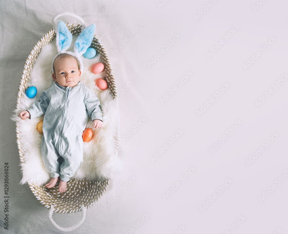 Cute baby Easter bunny. Little baby boy with bunny ears and Easter eggs ...