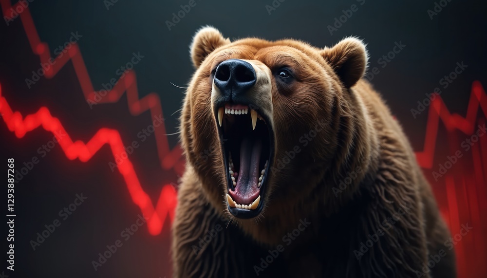 Fierce roaring bear closeup with graph background. Market crash ...