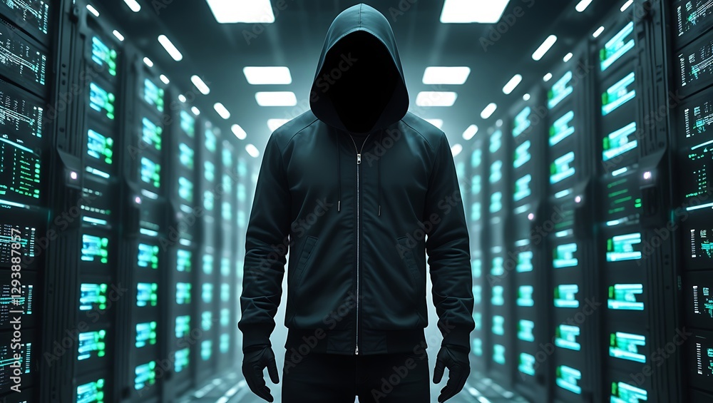 Mysterious Hooded Hacker in a High-Tech Server Room with light blue ...