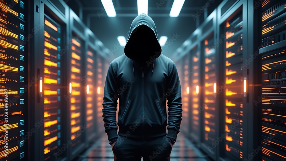 Ilustração Mysterious Hooded Hacker in a High-Tech Server Room with ...