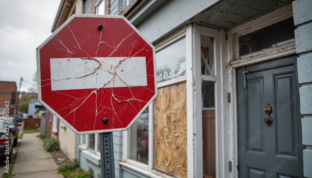 Cracked stop sign indicating urban decay and economic hardship Stock ...