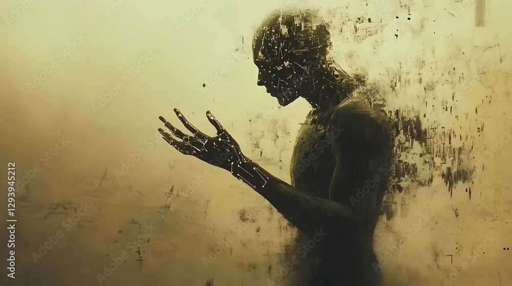 A surreal depiction of a human head disintegrating into fragments ...