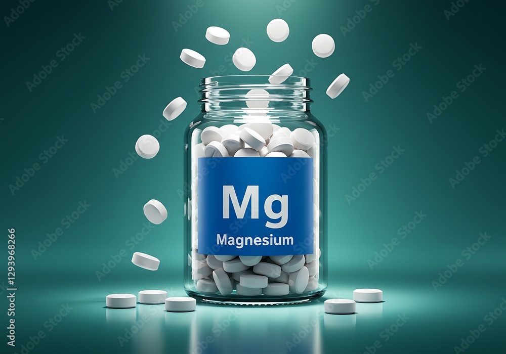Close-up of magnesium supplement capsules spilling from a bottle ...