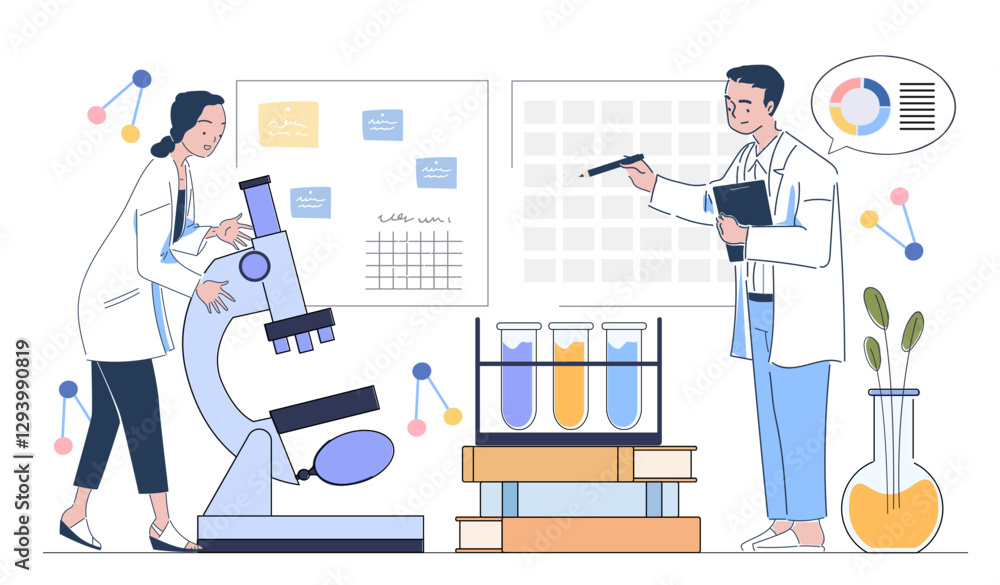 Two scientists in a lab, one using a microscope, the other pointing at ...