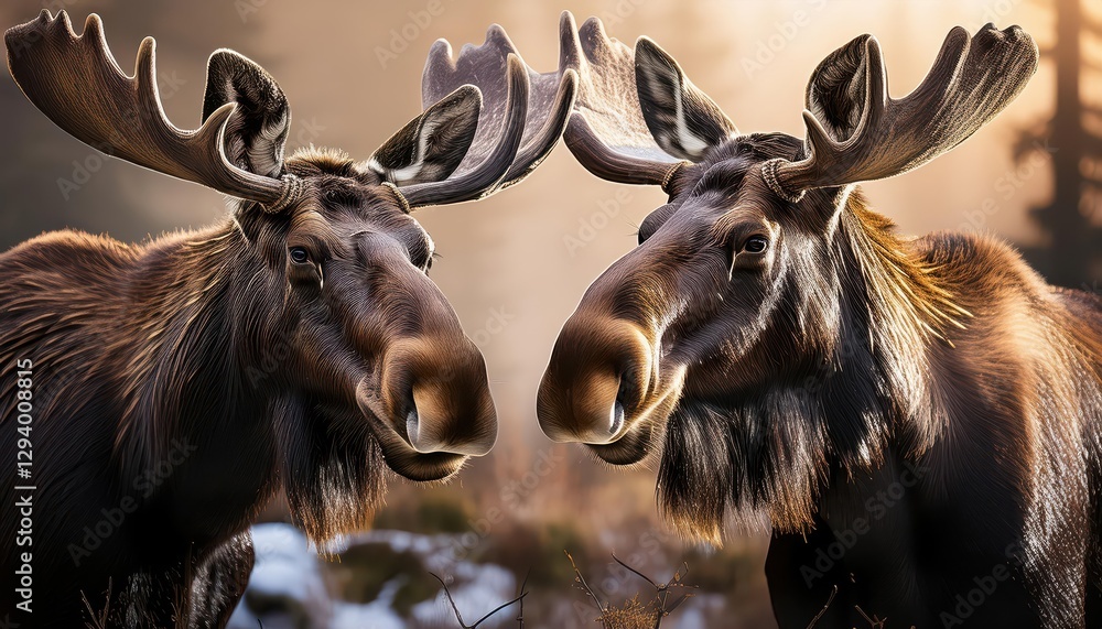 Two majestic moose wandering through a tranquil snowy forest at ...