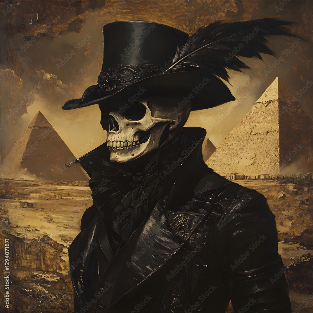 Painting of a skeleton in a black coat and top hat with pyramids in the ...