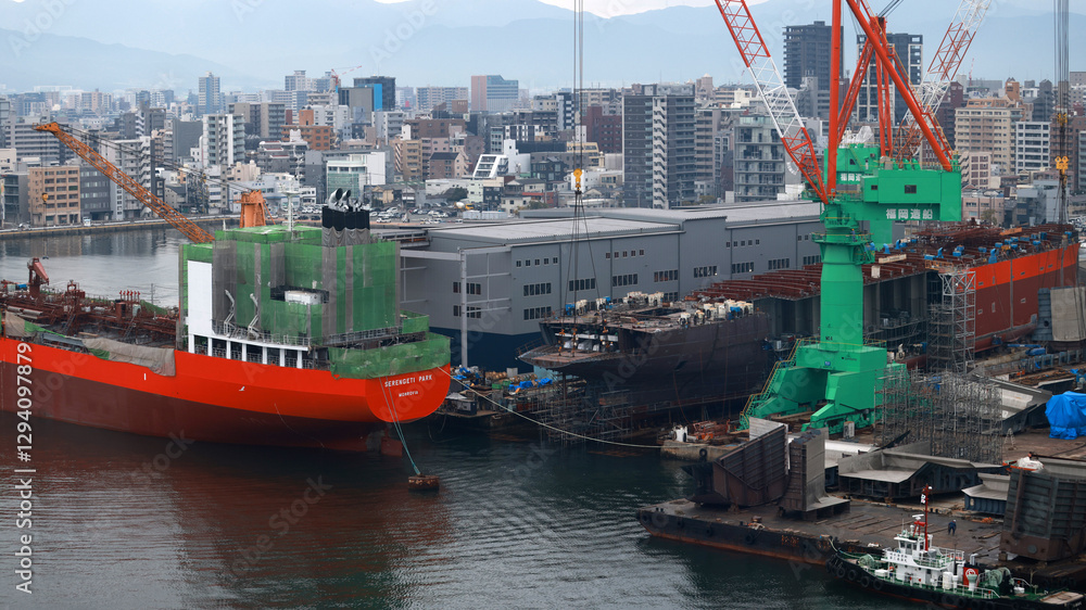 Fukuoka, Japan -January 20 2025: the cargo ship is built in shipyard at ...
