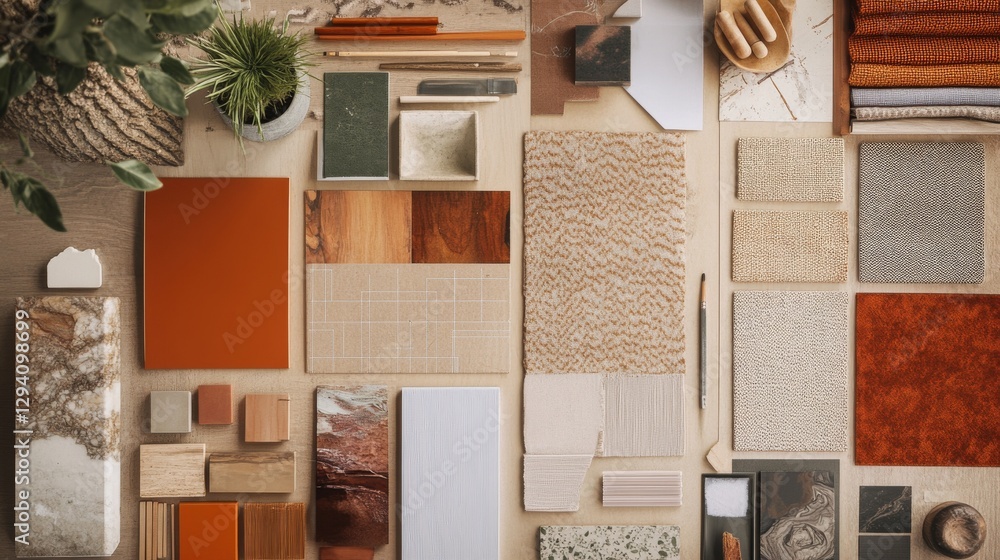 A flat lay of various textures and colors showcasing design materials ...