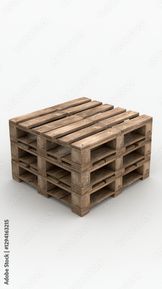 Wooden pallets are carefully arranged in a neat stack, creating an ...