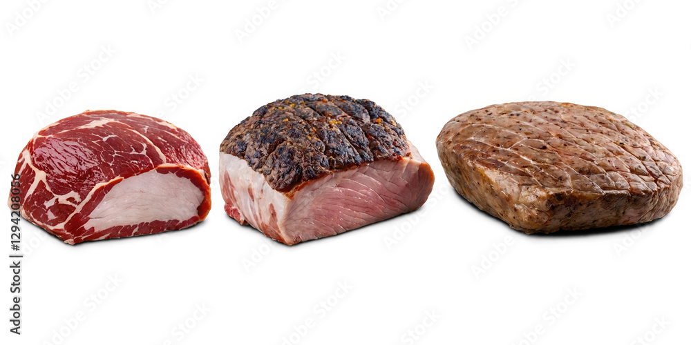 Three roast meat cuts shown close up. Rare raw beef, medium cooked pork ...