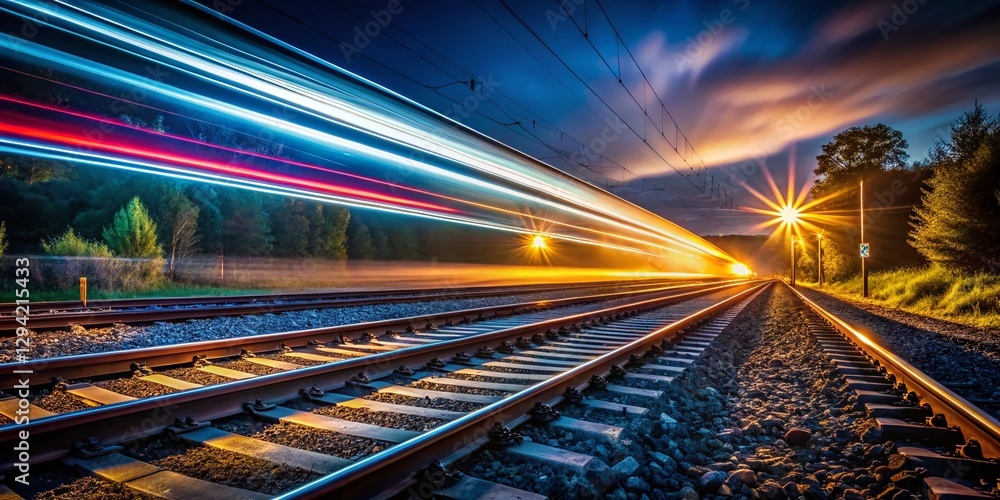 Dramatic Long Exposure of Oncoming Train at Night, Motion Blur, Railway Tracks Stock Photo ...