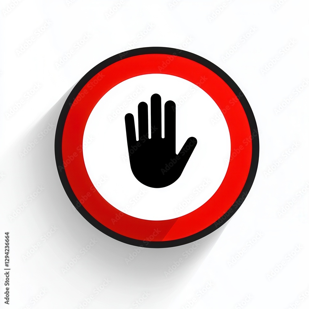 Red circle stop sign with hand icon on white background for caution ...