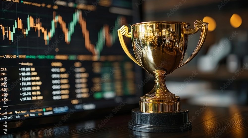 Visualizing business success: golden trophy with a sales chart soaring ...
