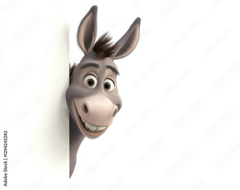 Happy donkey peeking playfully from behind a wall with a big smile in a ...