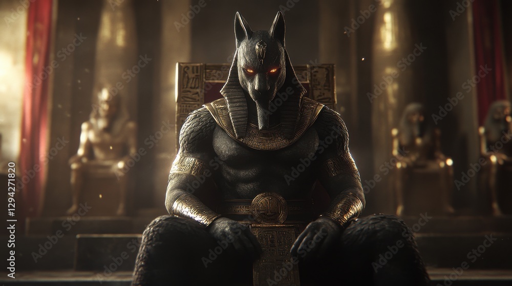 Anubis, god of the dead, sitting on a throne in ancient egypt Stock ...