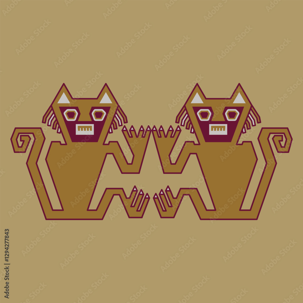 Symmetrical ethnic design with two stylized cats. Native American ...