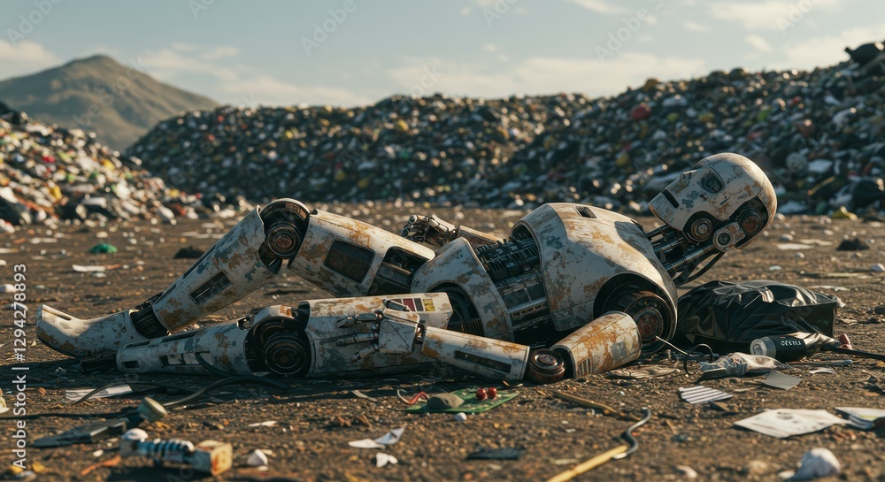 Robot in a Landfill - A discarded robot lies in a vast landfill ...
