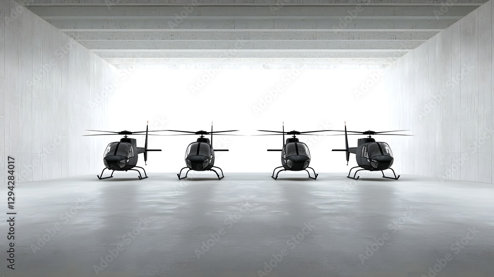 An expansive military helicopter hangar featuring a perfectly aligned ...