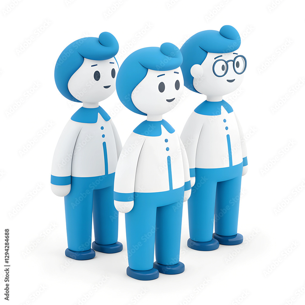 Cartoon figures stand side-by-side, each wearing a blue and white ...