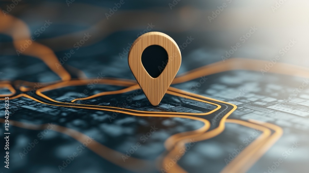 Wooden pin on circuit board with 3d map marker on physical map for location identification and ...
