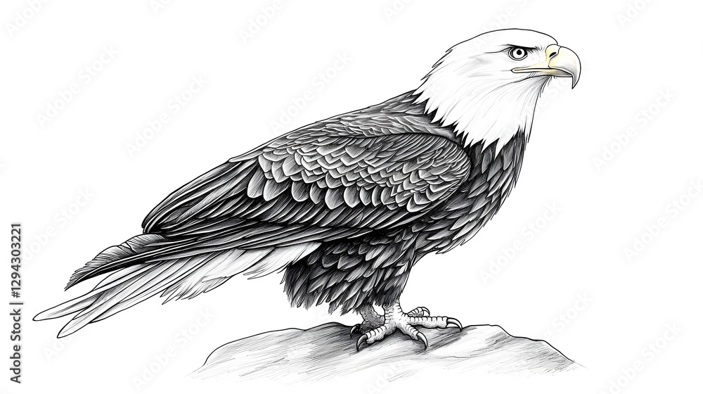 Majestic Bald Eagle Perched on Rocky Ledge Illustrated in Detailed Pen ...