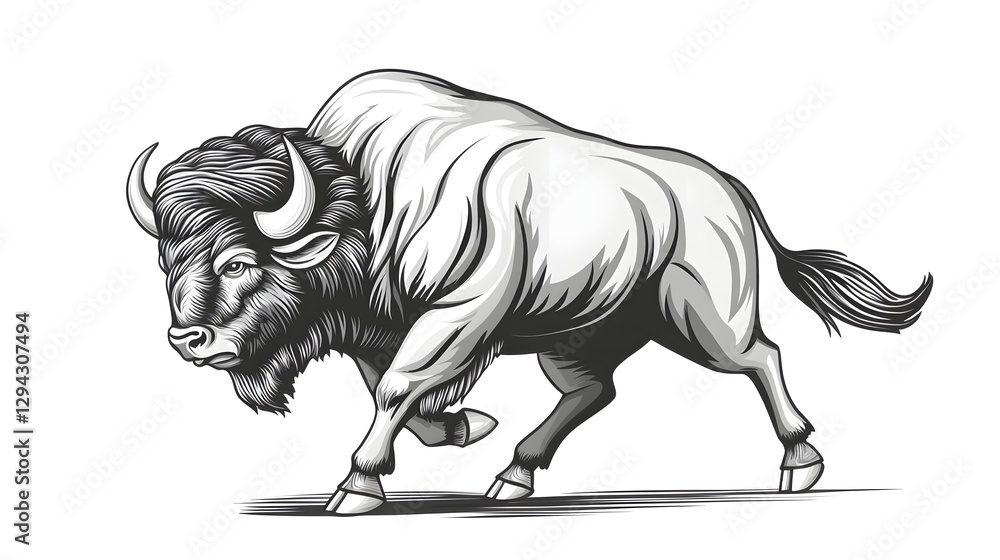 Powerful bison charging forcefully across the prairie captured in a ...