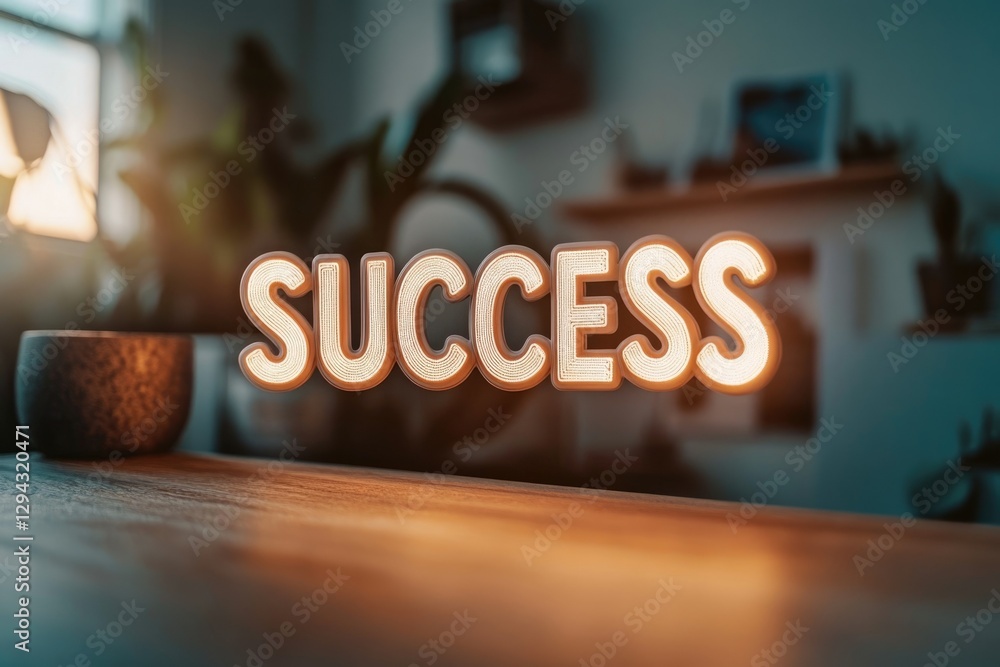 Illuminated 'Success' word art, signifying achievement and ambition in ...
