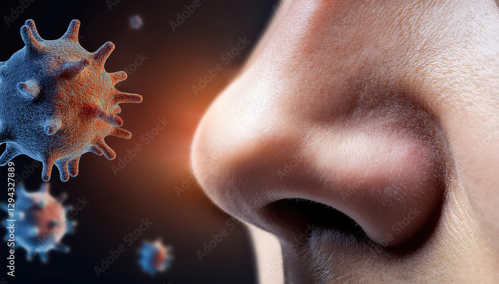 Nasal infection concept with a human nose closeup and spreading ...