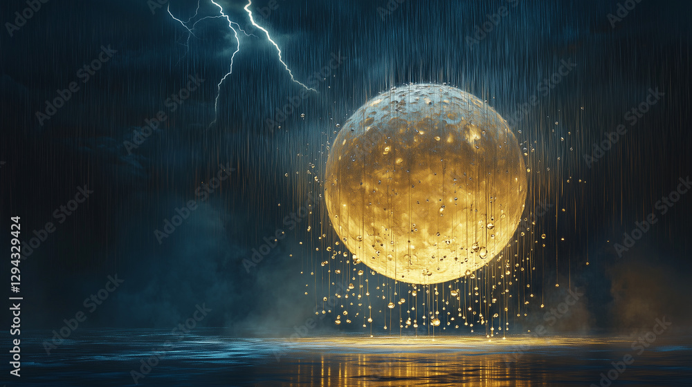 surreal moon with golden rain and lightning in a night sky, perfect for ...