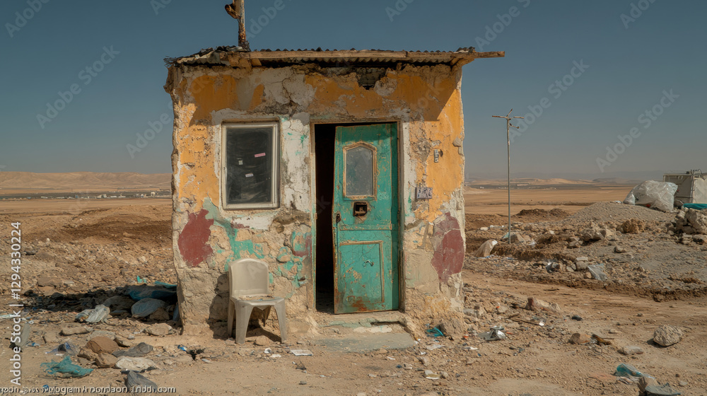 Site hut, A high-fidelity image depicting a hut amidst a dusty ...