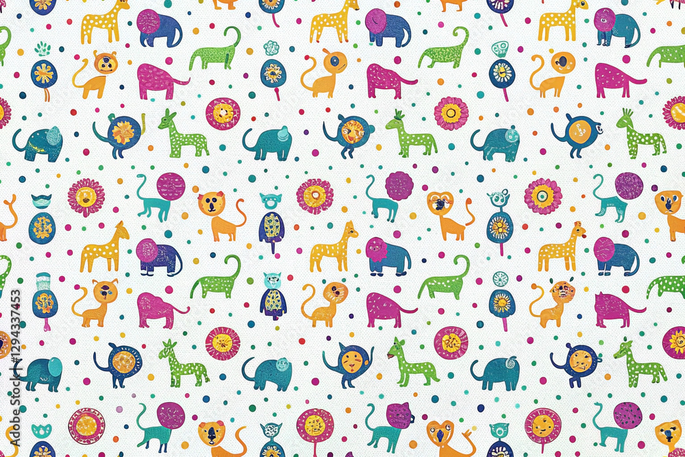 Colorful repeating pattern of cute cartoon animals and flowers on white ...