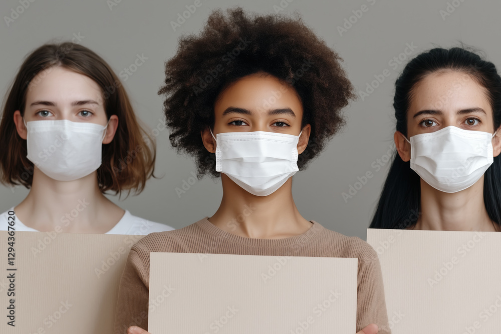Empowered women wearing masks hold blank signs, promoting unity and ...