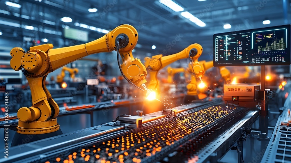 Ilustración de Stock Futuristic automated smart factory with multiple ...