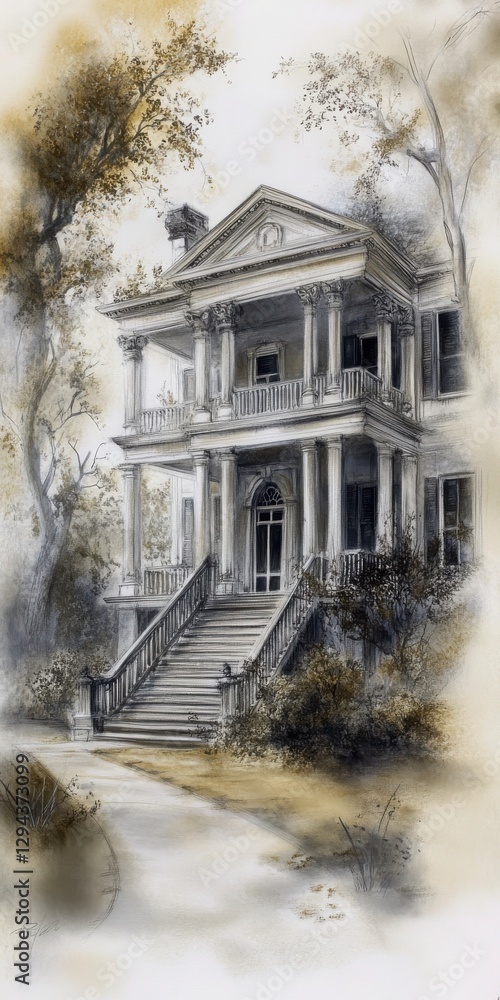 Grey Monochromatic Drawing Of An Old Mansion With A Weedy Garden With ...