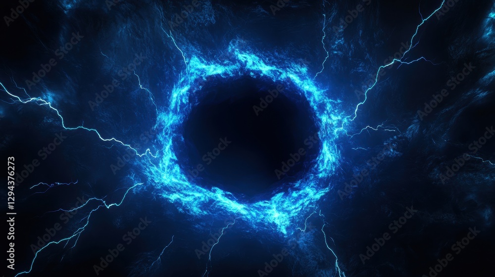 Electric portal emitting blue lightning with dark background and ...