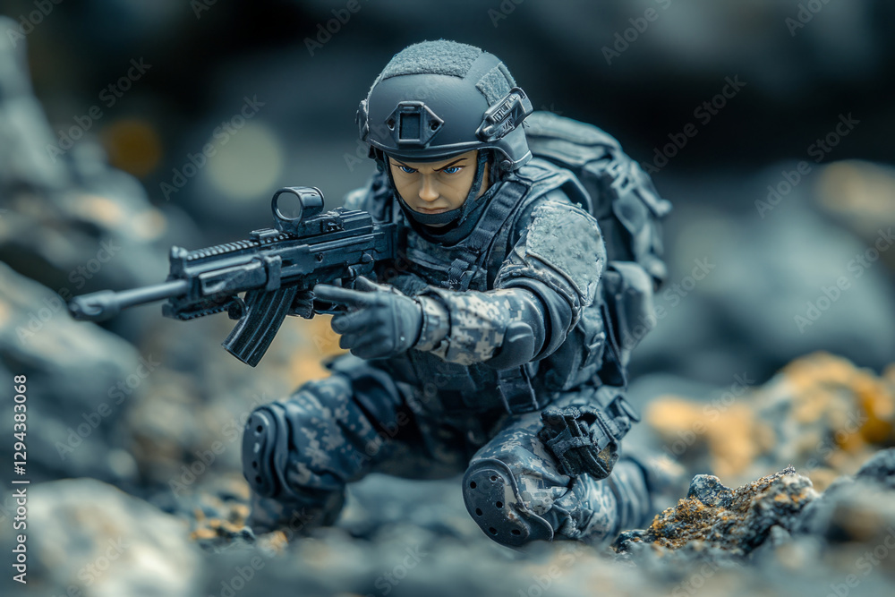 Soldier action figure in kneeling position, aiming with an assault ...