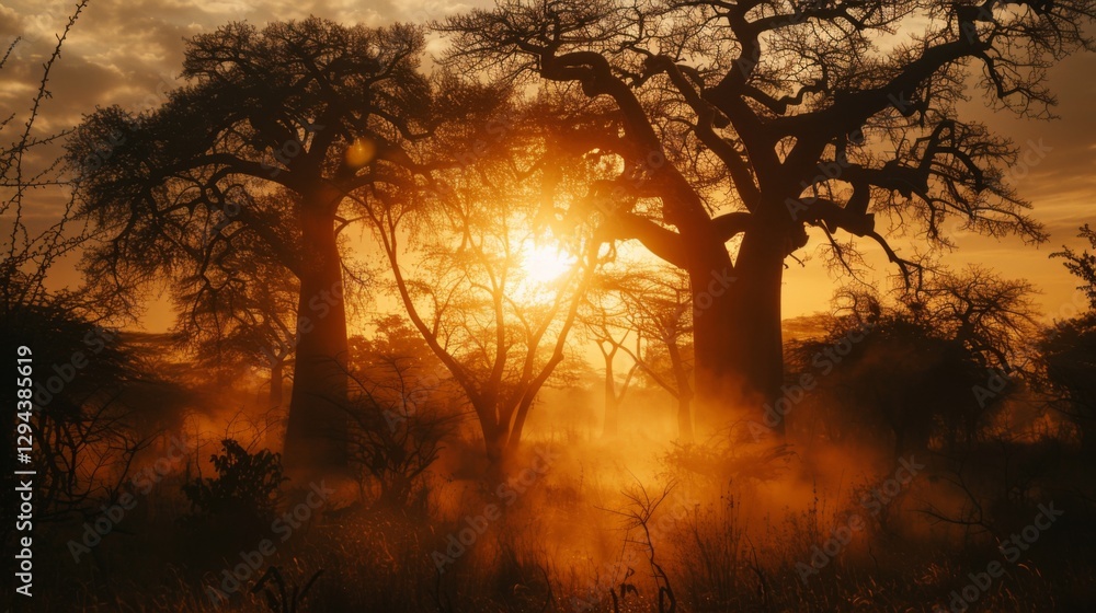 Baobab trees rise prominently as the sun sets, casting dramatic shadows ...