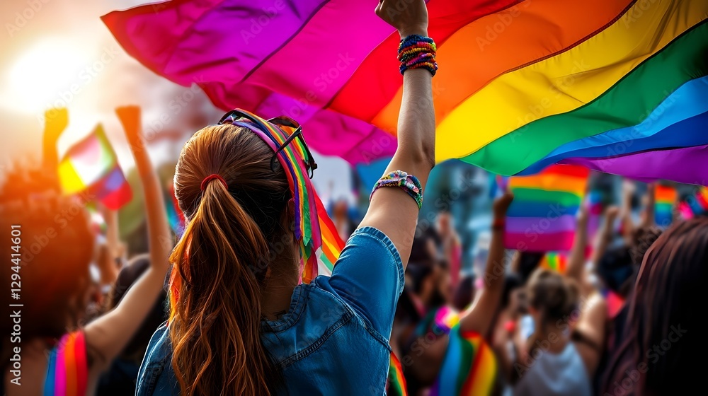 Fearless activist woman with clenched fist raised high pride flag ...