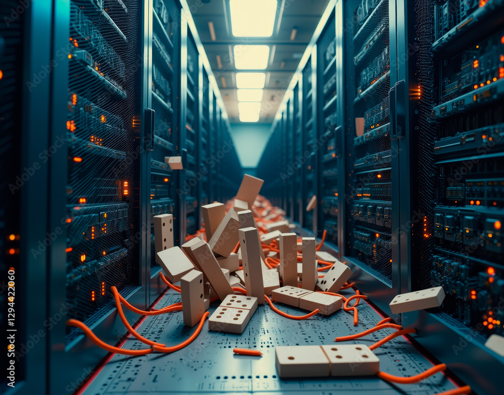 Server racks collapse like dominoes, illustrating a chain reaction of ...