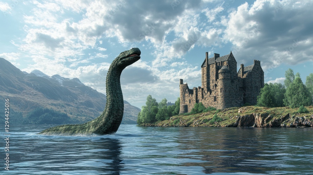 Loch Ness Monster: Mythical Creature Emerging from Scottish Lake with Castle Background. 3D ...