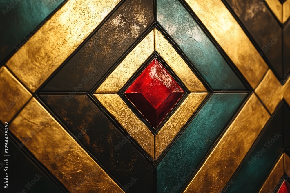 Decorative wall panel featuring intricate patterns and a red gem design ...