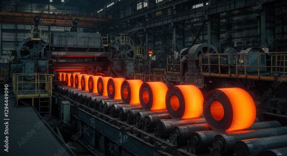 Rolling mill with glowing red hot steel coils in industrial factory ...