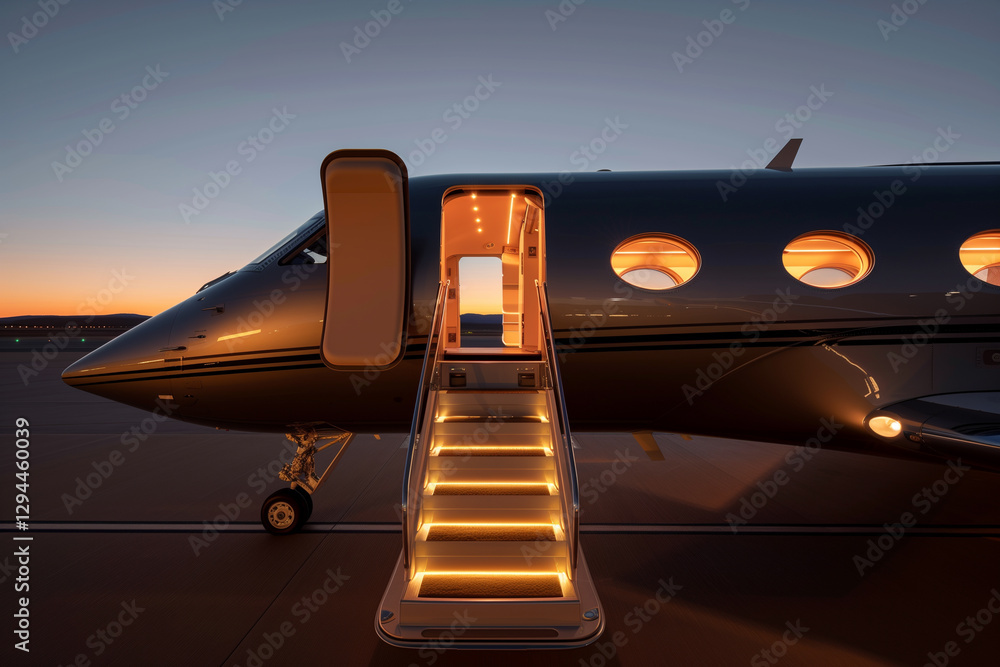 Jet door ajar with staircase leading to empty tarmac at twilight with ...